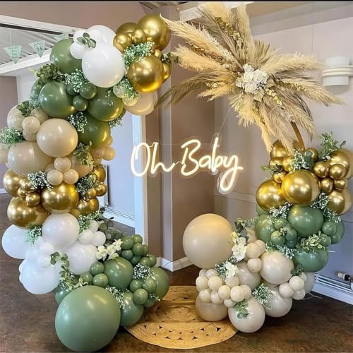 Sage Green Gold Balloons, 50Pcs 12 Inchs Green White Metallic Gold Confetti Balloons for Engagement Baby Shower Anniversary Boho Wedding Bridal Shower Graduation Birthday Party Decorations