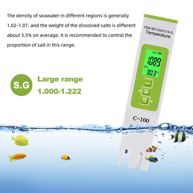 EC Meter 5-in-1 TDS Meter, SG Meter, Salinity Tester,Temp Meter.TDS Meter Digital Water Tester with Horizontal Display,ATC,PPM Meter for Farming,Pools,Drinking Water