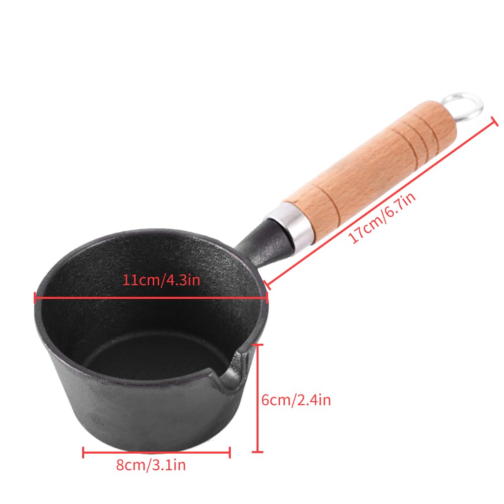 HAOHIZE Mini Butter Melting Pot, Cast Iron Basting Pot for Grill Cooking, Cast Iron Saucepan Round Sturdy Cast Iron Dripless Spout Wooden Handle Omelette Fry Pan for Kitchen