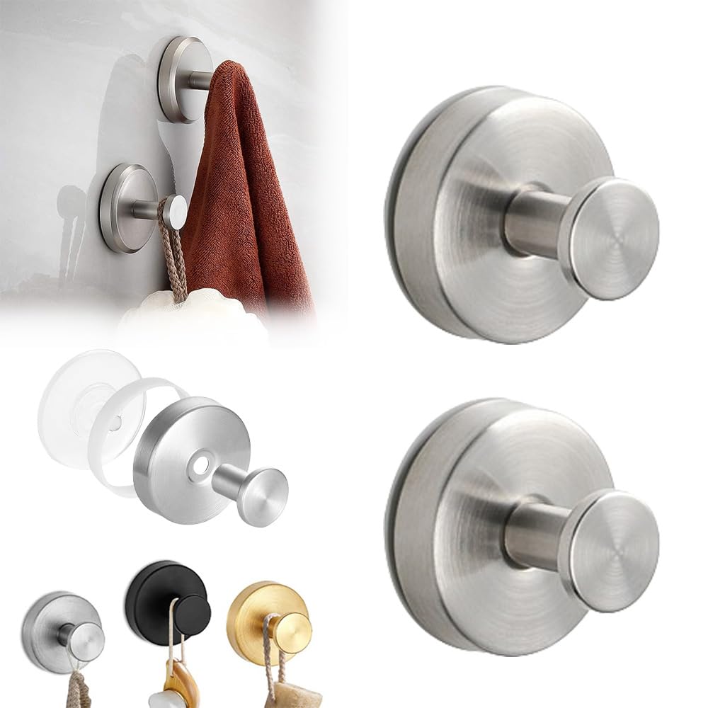 Luxe Hold No-Drill Hooks, 2024 New Stainless Steel Waterproof Suction Cup Hooks, Suction Cup Hooks for Shower, Bathroom, Hanging Towels, Mounting on Glass Shower Doors, Mirrors(Silver,2PC)