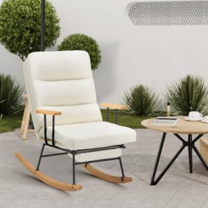 Rocking Chair with Footrest-Glider Rocker Chair with Retractable Footrest and Adjustable Backrest, Teddy Upholstered Rocking Chair, Modern Accent Chair for Living Room/Nursery/Bedroom/Outdoor-Beige