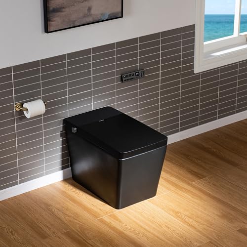 WOODBRIDGE Square Smart Bidet Toilet with Auto Open & Close, Foot Sensor, Auto Flush, Multiple Spray Modes, Heated Seat, Warm Water and Air Dryer, Auto LED Nightlight, Matte Black, EBT-MB03