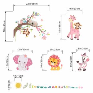 Amimagen Pink Forest Baby Animals Wall Decals - Elephant Lion Giraffe Monkey Zebra Wall Stickers - Nursery Kids Girls Boys Room Daycare Playroom Classroom Wall Decor