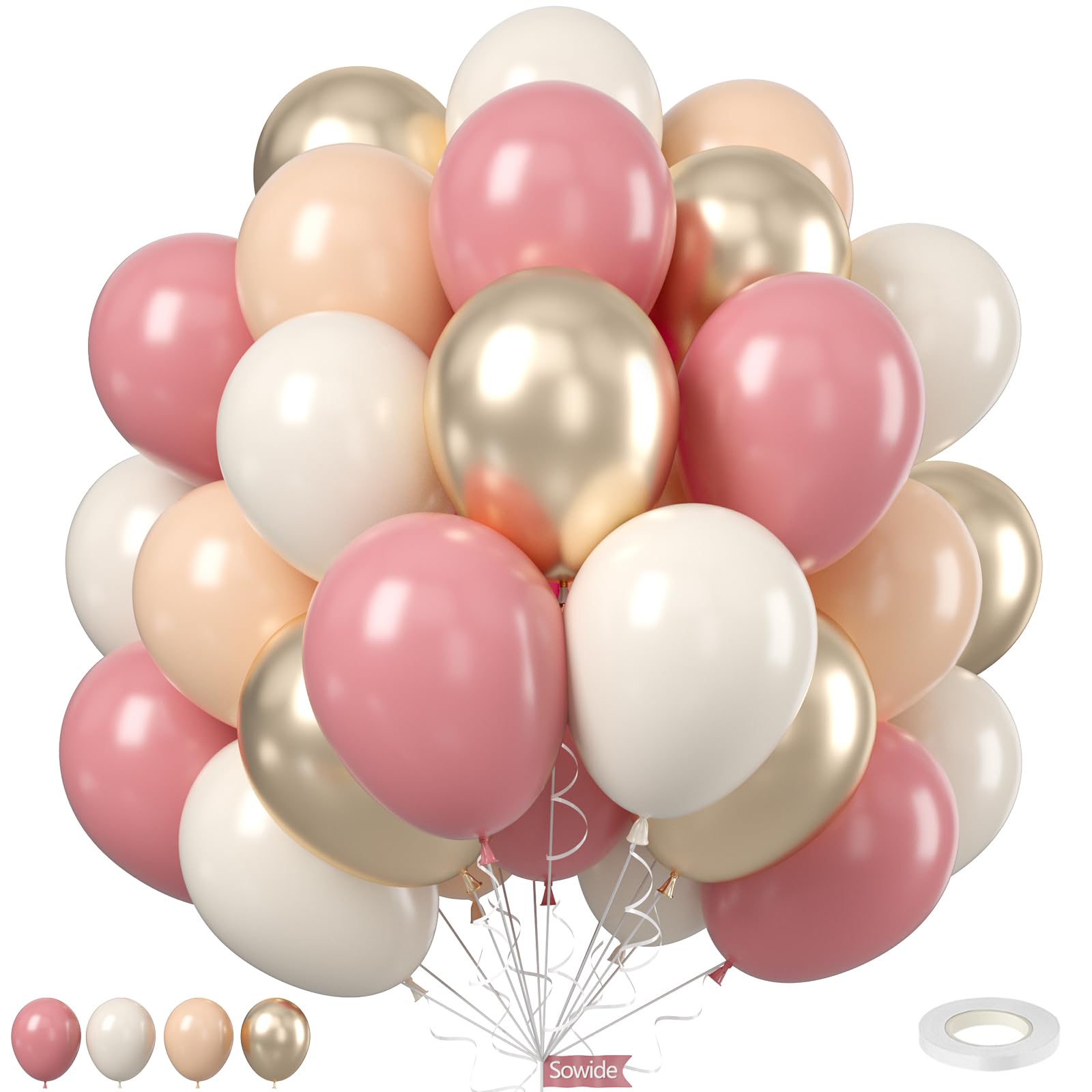 Dusty Pink White Balloons, 50Pcs 12 Inchs Blush Pink Sand White Metallic Gold Balloons for Girls Princess Birthday Party Wedding Anniversary Bridal Engagementl Baby Shower Decorations