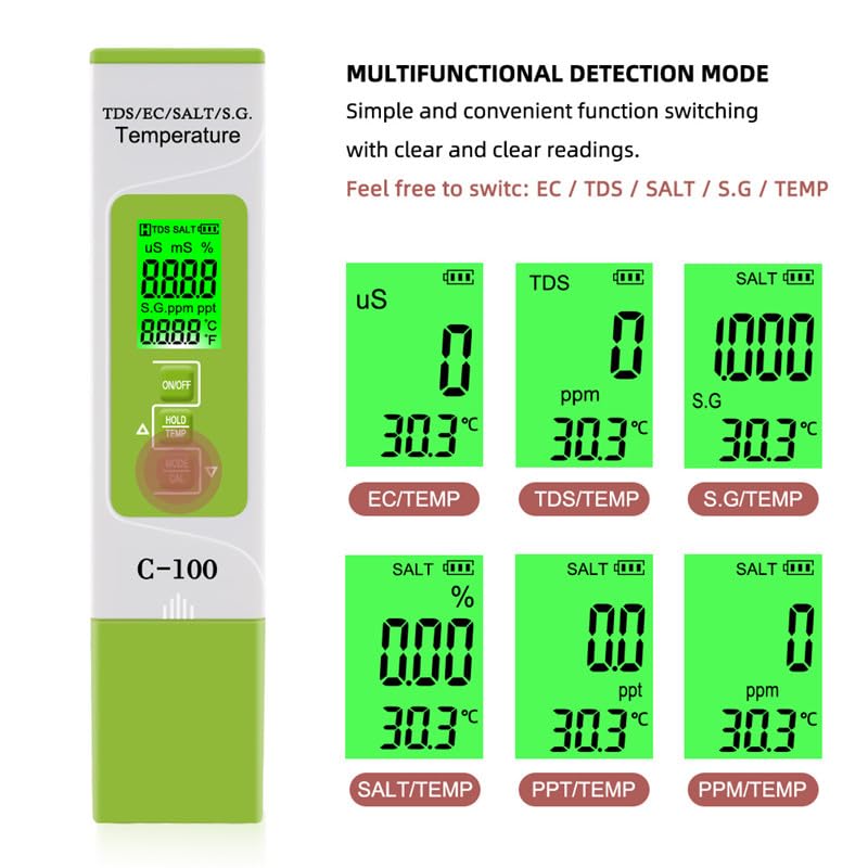 EC Meter 5-in-1 TDS Meter, SG Meter, Salinity Tester,Temp Meter.TDS Meter Digital Water Tester with Horizontal Display,ATC,PPM Meter for Farming,Pools,Drinking Water