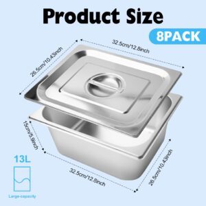 8 Pack Hotel Pans with Lids 8 Cleaning Cloth 1/2 Size 6" Deep Reusable Stainless Steel Steam Table Pan for Catering Buffet Chafing Dish Pans Metal Steam Tray Home Party Restaurant Supplies