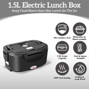 IXIIE Electric Lunch Box 80W for Adults, 1.5L Lunch Warmer with 2 Compartments for Truck/Car/Work, Fast Portable Heated Lunch Box Food Warmer Heater 12/24/110V, Removable Stainless Steel Container