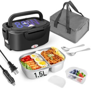 ixiie electric lunch box 80w for adults, 1.5l lunch warmer with 2 compartments for truck/car/work, fast portable heated lunch box food warmer heater 12/24/110v, removable stainless steel container