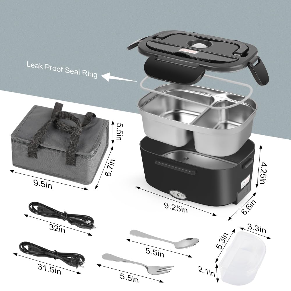 IXIIE Electric Lunch Box 80W for Adults, 1.5L Lunch Warmer with 2 Compartments for Truck/Car/Work, Fast Portable Heated Lunch Box Food Warmer Heater 12/24/110V, Removable Stainless Steel Container