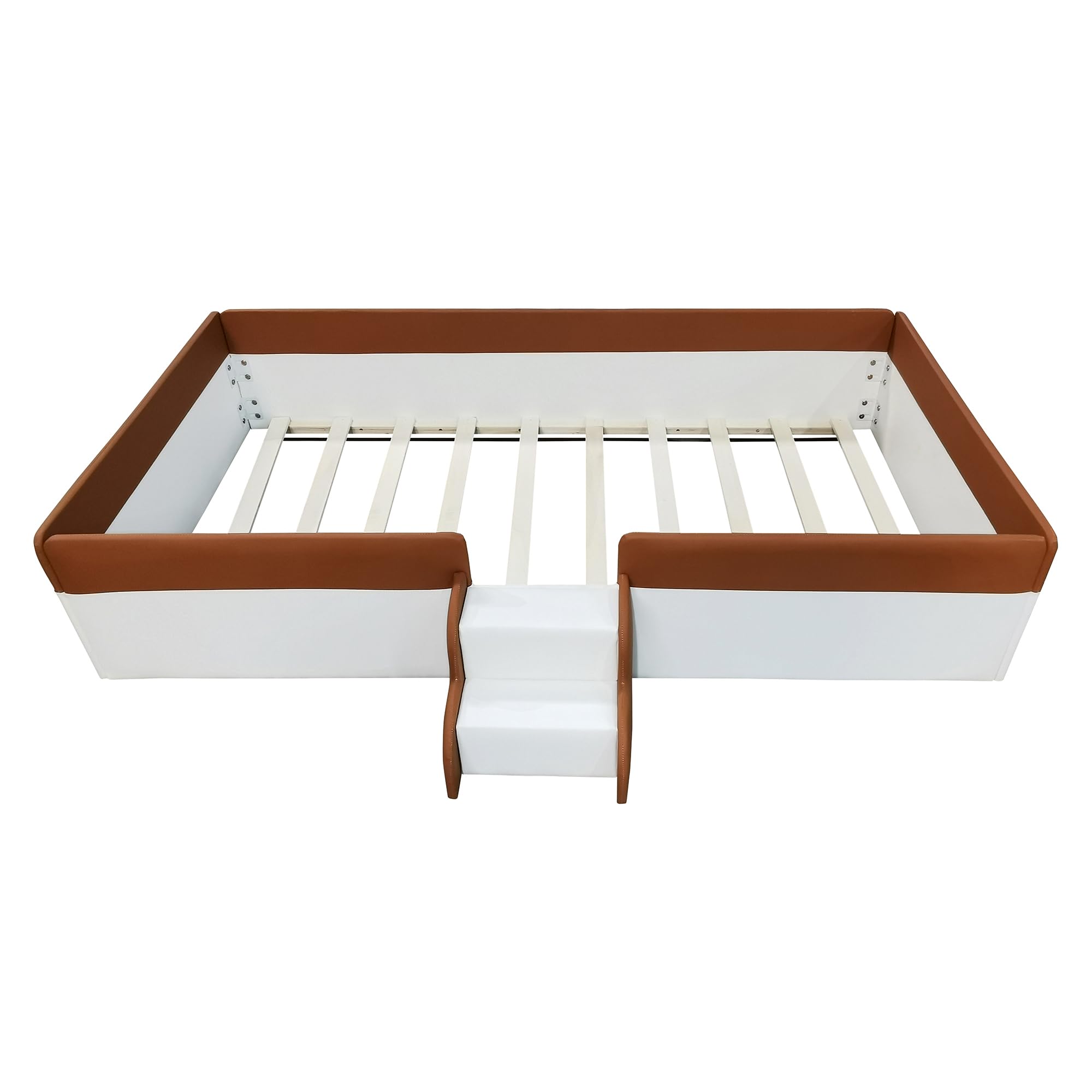 PU Upholstered Floor Bed with Fence and Stairs, Twin Floor Bed with Slats, Montessori Floor Bed for Kids, Girls, Boys, Twin Size Montessori Bed (Brown+White)