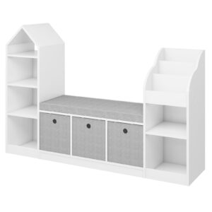 Vabches Toy Storage Organizer for Kids Bookshelf with Reading Nook, Multifunctional Kids Bookcase with 9 Storage Cubbies 3 Drawers and Large Seat Cushion for Keeping Kids' Toys Books Organized, White