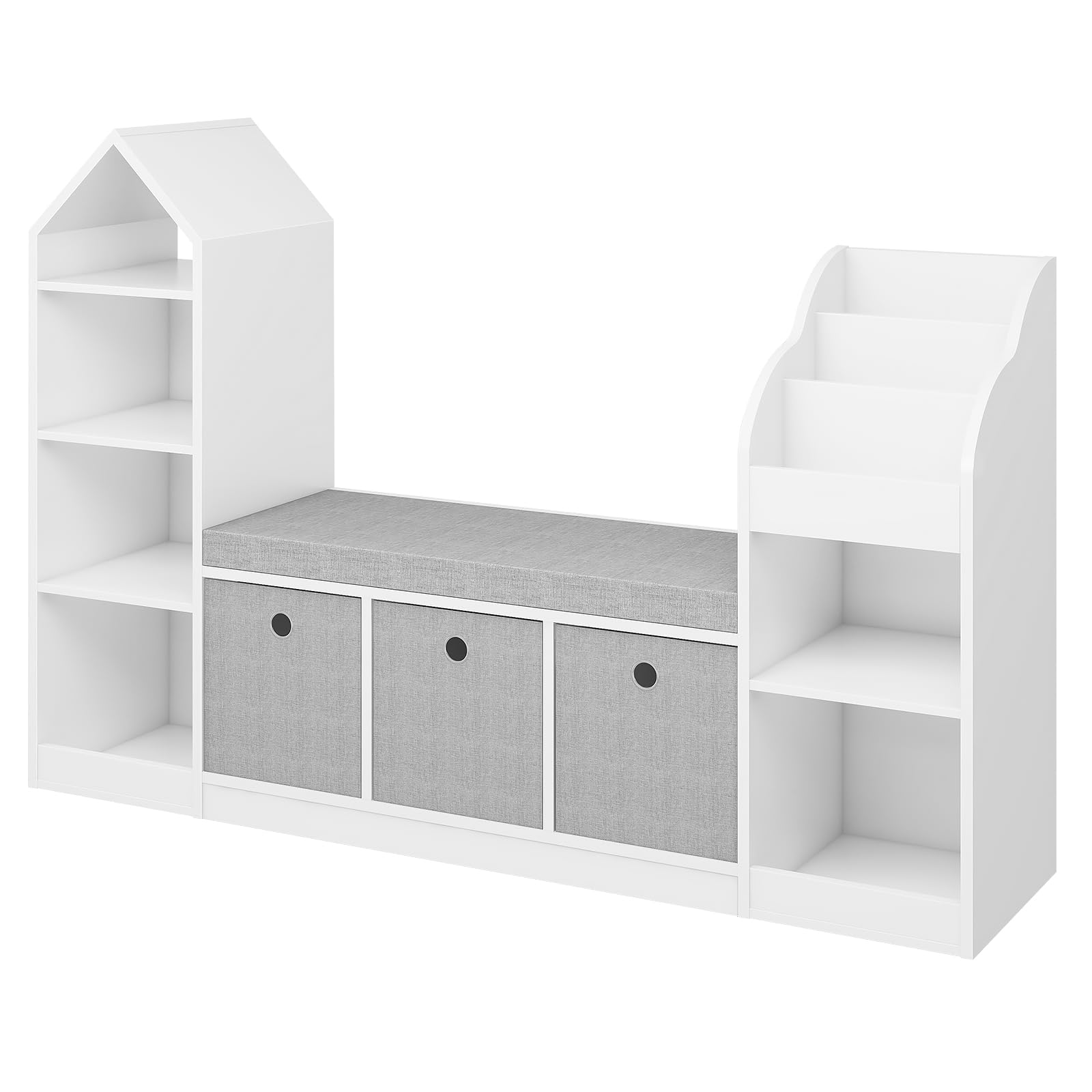 Vabches Toy Storage Organizer for Kids Bookshelf with Reading Nook, Multifunctional Kids Bookcase with 9 Storage Cubbies 3 Drawers and Large Seat Cushion for Keeping Kids' Toys Books Organized, White