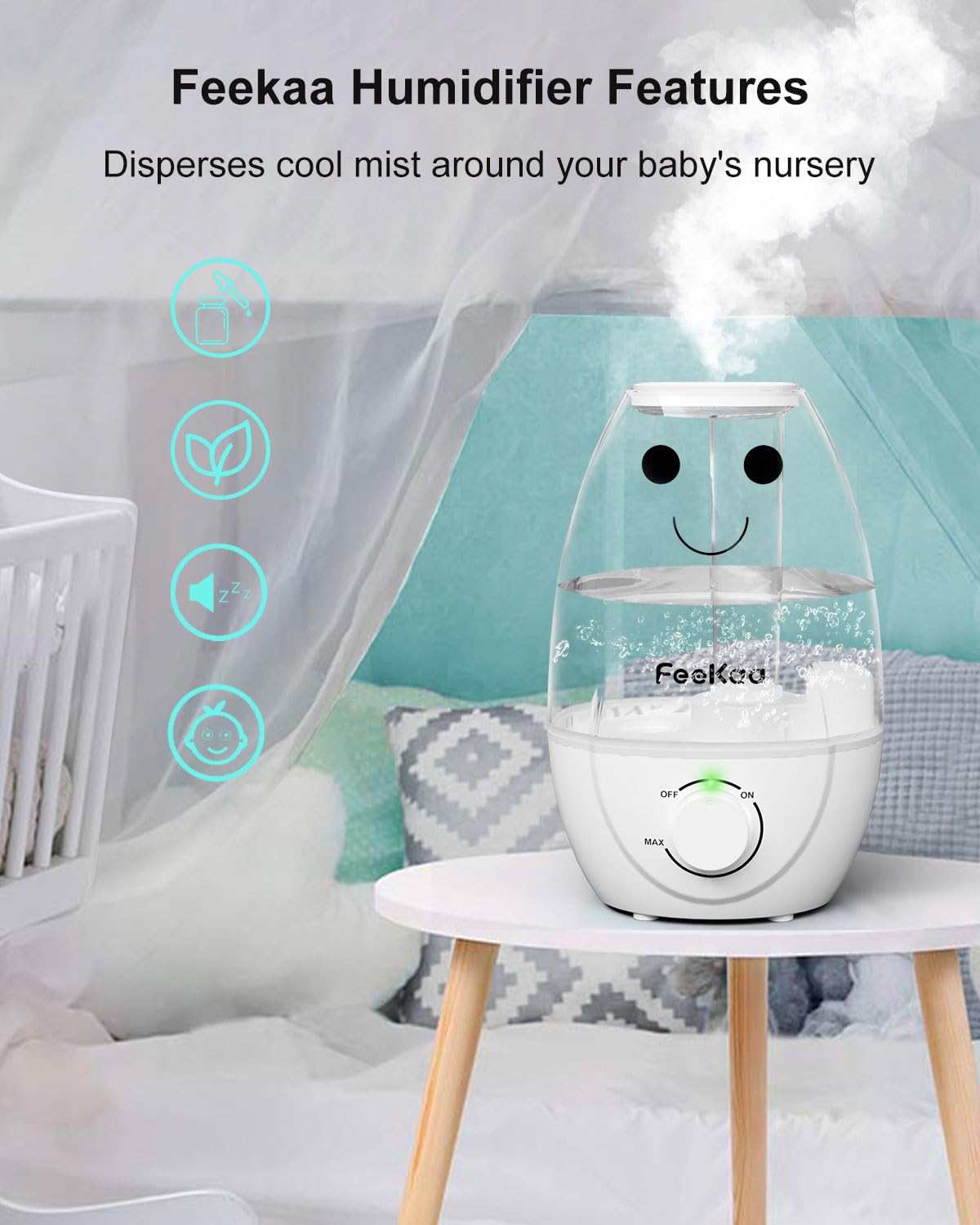 Feekaa Baby Humidifiers for Bedroom Nursery, Cool Mist Air Humidifier with Diffuser, Small Humidifier for Baby Nursery Plants & Home, BPA Free, Quiet, 24H