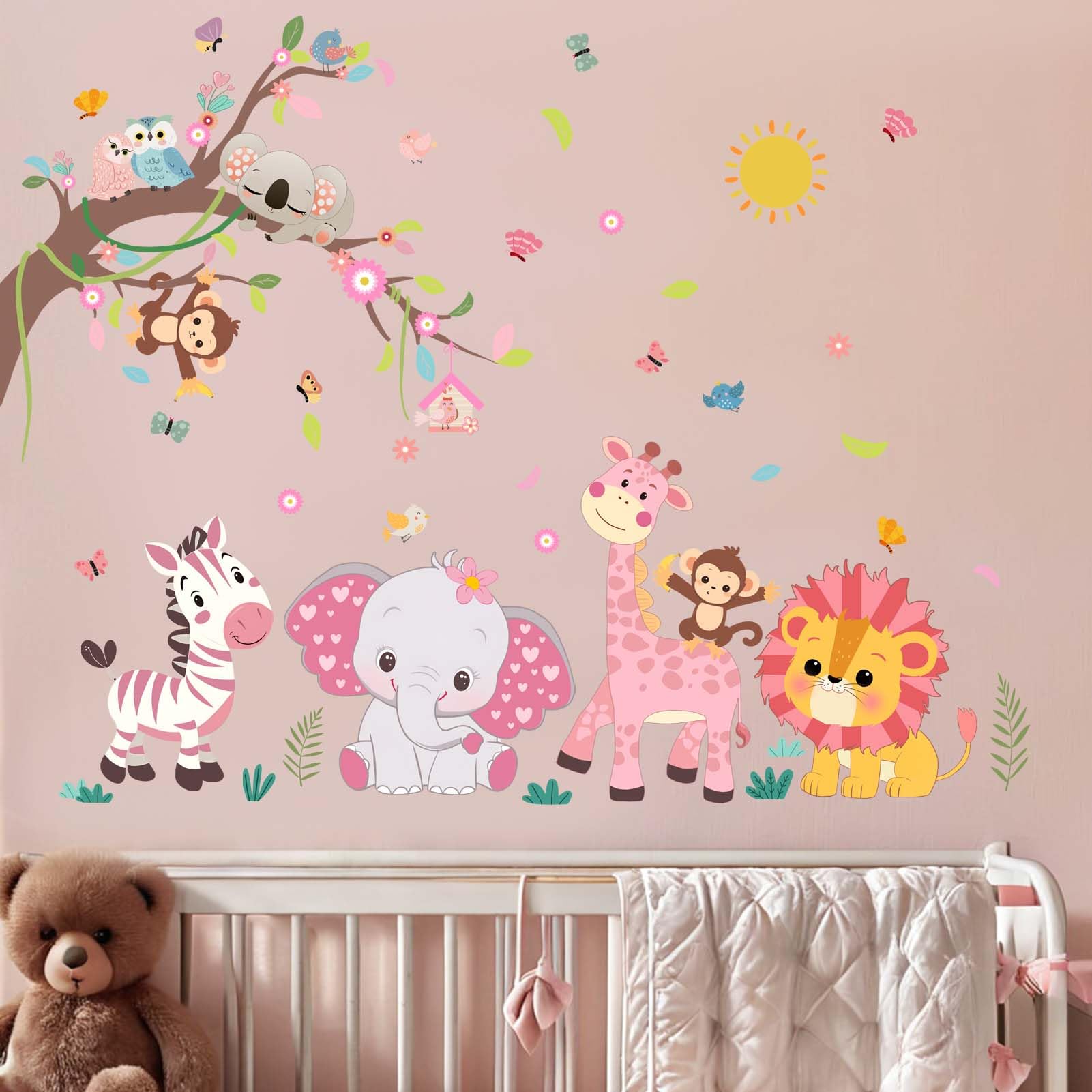 Amimagen Pink Forest Baby Animals Wall Decals - Elephant Lion Giraffe Monkey Zebra Wall Stickers - Nursery Kids Girls Boys Room Daycare Playroom Classroom Wall Decor