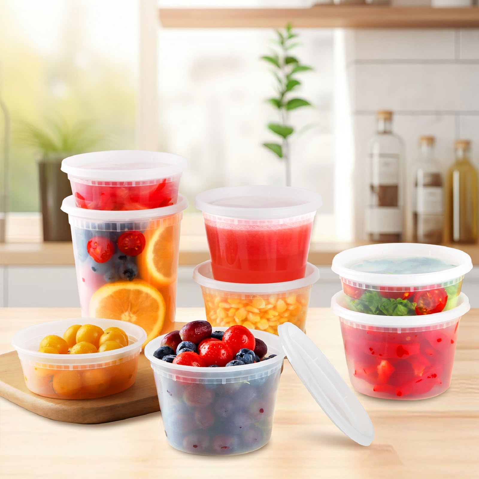 48Sets Deli Containers with Lids, Reusable Food Srorage Containers with Lids 8oz, 16oz, 32oz, Disposable Soup Containers, Microwave/ Freezer/ Dishwasher Safe,Stackable, Leakproof, BPA Free, Clear