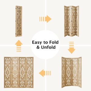 Svimi Folding Room Divider, 66.9 Inch Wood Carved Privacy Screens, Free Assembled Freestanding Portable Classical Decorative Partition for Home Office Restaurant Bedroom (4 Panels, Natural)