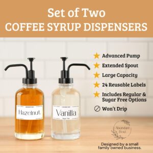 Coffee Syrup Dispenser with Pump, Set of 2, Coffee Bar Syrup Dispenser with Silicone Funnel, Glass Coffee Syrup Bottles for Coffee Bar, Black Syrup Pumps for Coffee Bar, Coffee Pumps for Syrup