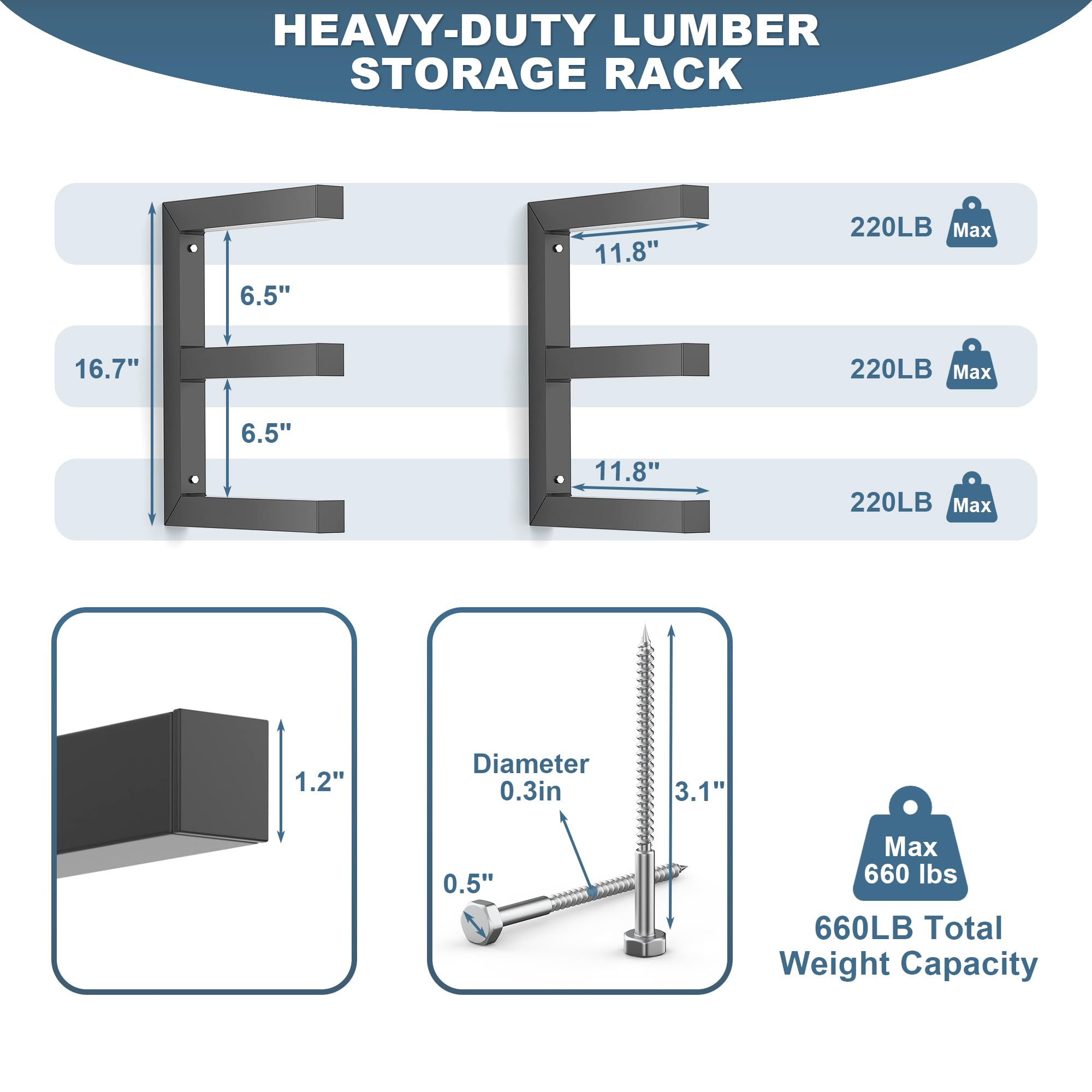 Ultrawall Lumber Storage Rack Wall Mount Wood Storage Racks, Metal Wood Organizer Racks for Shed, Workshop, Garage, Holds Up 220 LBS Per Level (Pack of 2, Black)