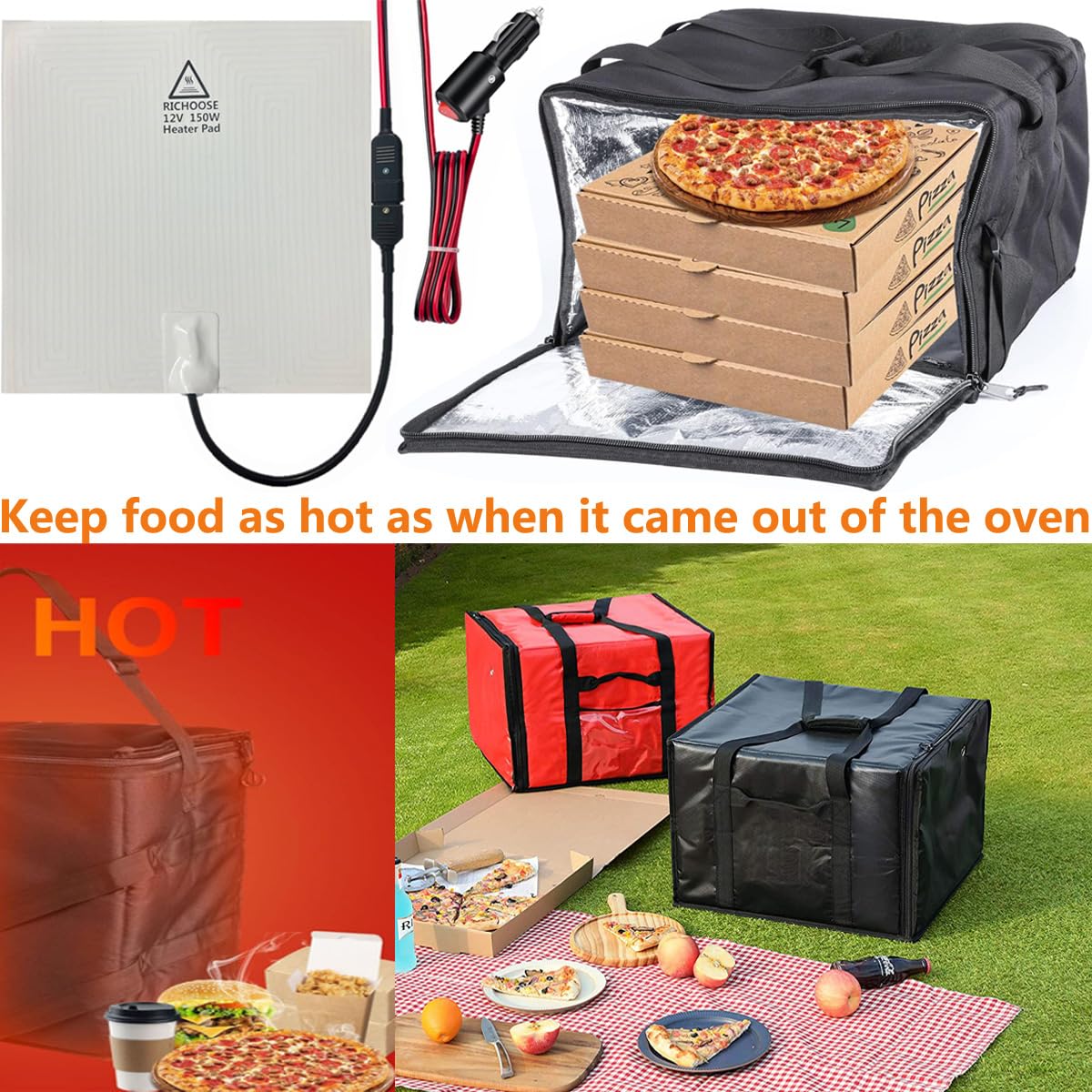 RICHOOSE Electric Heated Pad for Delivery Pizza Bag,12V 150W Food Warmer Pad, Portable Heat Pad with Car Power Plug, Built-in Thermostat 176℉,Perfect for Deliveriers of Uber Eats, DoorDash,Grubhub