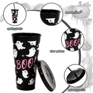 JarThenaAMCS 12Pcs Halloween Plastic Cups with Straw and Lid Cute Ghost Tumbler Boo Plastic Cups for Cold Drinks Halloween Decoration Party Favors