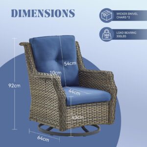 Bellefurn Patio Furniture Set 2 Swivel Glider Patio Chairs 2 Rattan Ottomans with Wicker Side Table 5pcs Grey Wicker Blue Cushions Patio Conversation Set for Garden Balcony Sunroom Backyard