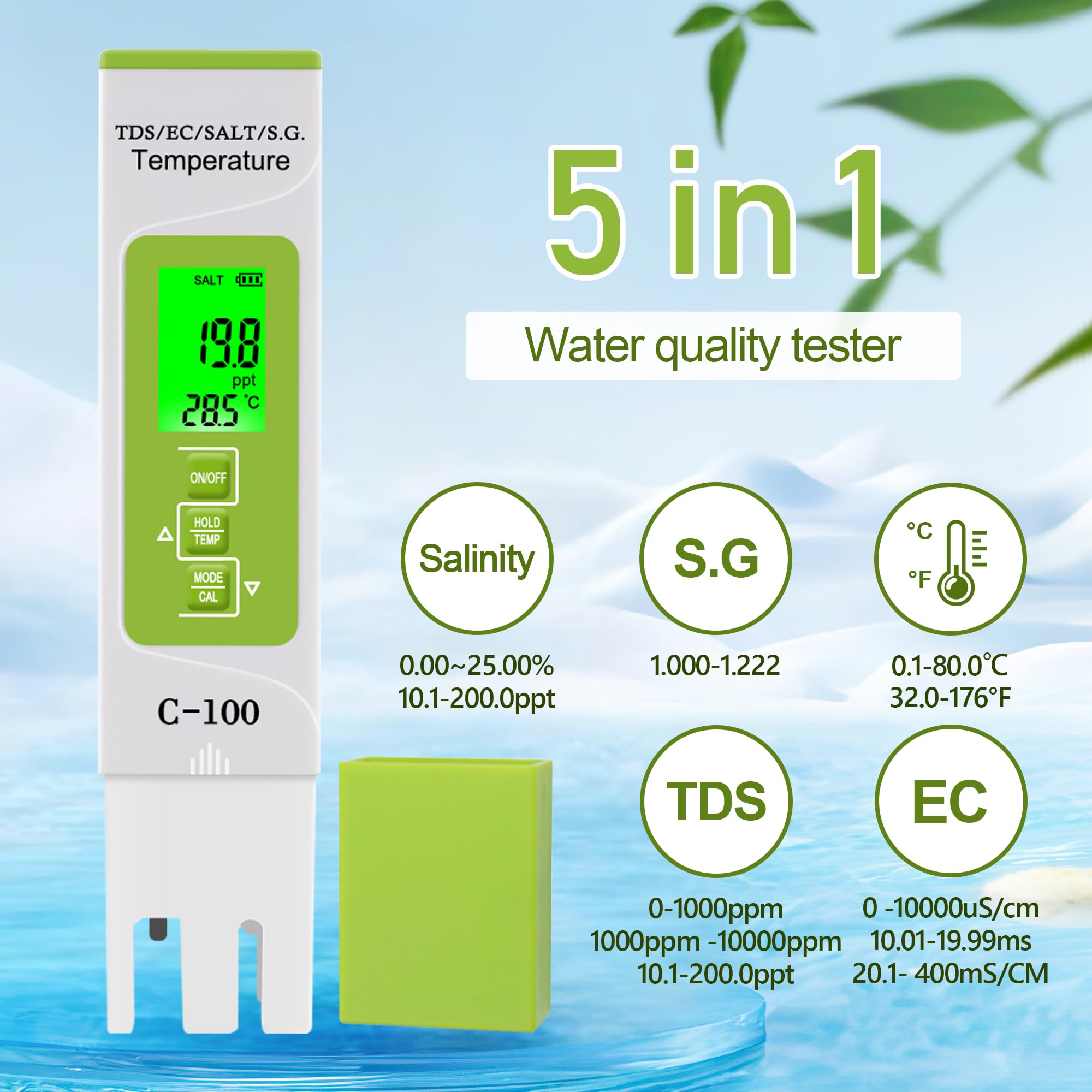 EC Meter 5-in-1 TDS Meter, SG Meter, Salinity Tester,Temp Meter.TDS Meter Digital Water Tester with Horizontal Display,ATC,PPM Meter for Farming,Pools,Drinking Water