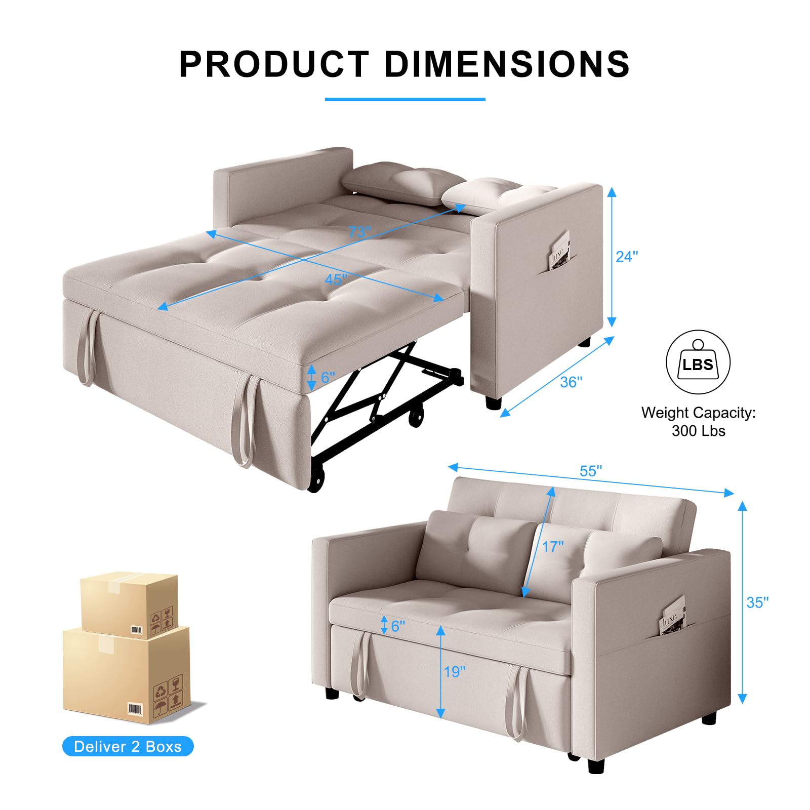 PUREMIND 3 in 1 Pull Out Sleeper Sofa Bed, Velvet Convertible Couch Bed with Adjustable Backrest, Pull Out Bed Couch with 2 Pillows, Loveseat Sleeper Bed with Pullout Bed for Living Room