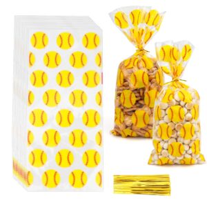 softball goodie bags, 100 pcs softball snack bags, baseball goodie bags softball cellophane bags gift treat goody cookie snack bags for team party bags favor bulk softball theme birthday decoration