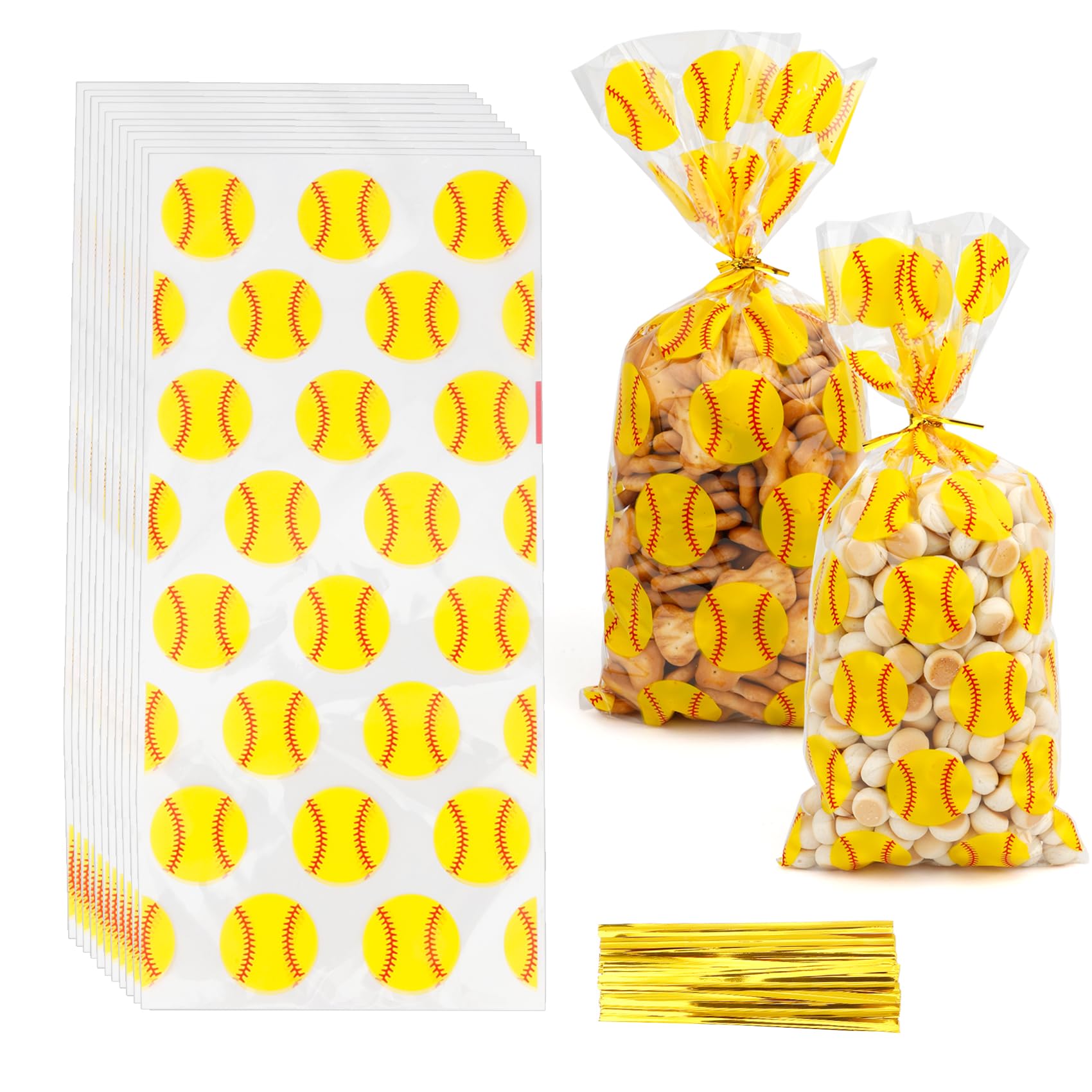 Softball Goodie Bags, 100 PCS Softball Snack Bags, Baseball Goodie Bags Softball Cellophane Bags Gift Treat Goody Cookie Snack Bags for Team Party Bags Favor Bulk Softball Theme Birthday Decoration