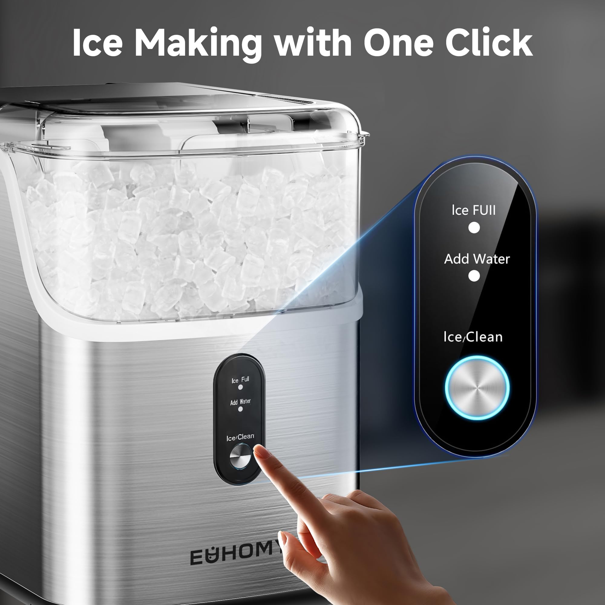 EUHOMY Nugget Ice Makers Countertop, Pebble Ice Maker Machine with 34lbs/24H Soft Ice, Self-Cleaning Sonic Ice Maker with Ice Scoop&Basket, Pellet Ice Maker for Home/Kitchen/Office(Stainless Steels)