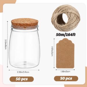 Nitial 50 Pack 5 oz Plastic Jars with Lids Bulk Yogurt Containers with Lids Gift Jars with DIY Craft Twine and Labels Gifts for Birthday Wedding Halloween Christmas Party Favor(Brown,Cork Lid)