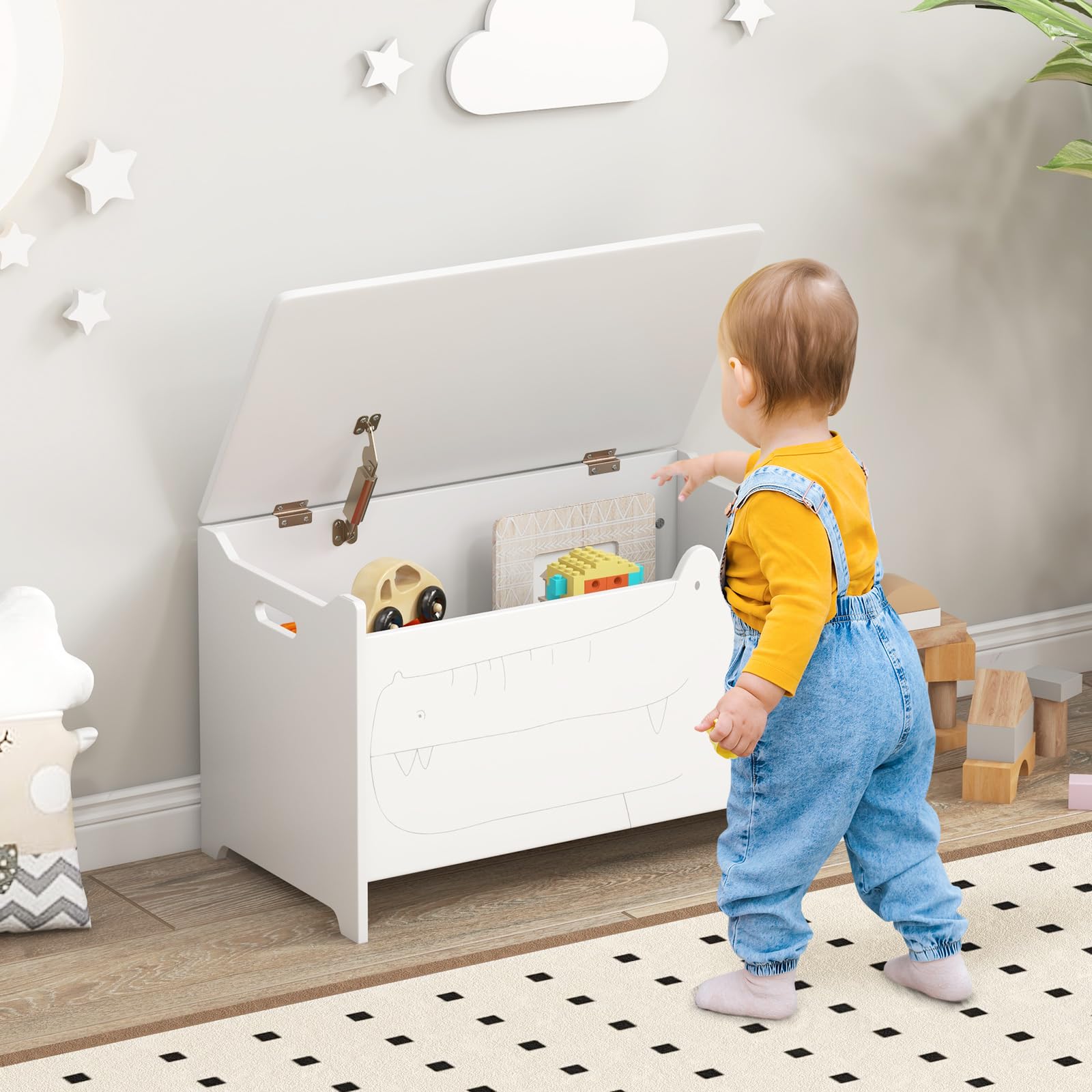 HONEY JOY Kids Wooden Toy Box, 3-in-1 Large Toy Trunk Chest w/Flip-Top Lid, Safety Hinge & Cut-out Handle, Storage Bench, Toddler Furniture for Playroom Bedroom, Gift for Boys Girls (White)