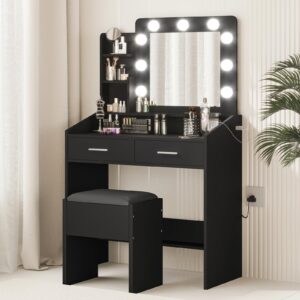 garveehome vanity desk with mirror and lights, makeup vanity desk with charging station and cushioned stool, dressing table with 2 drawers & 3 lighting modes adjustable brightness for bedroom, black