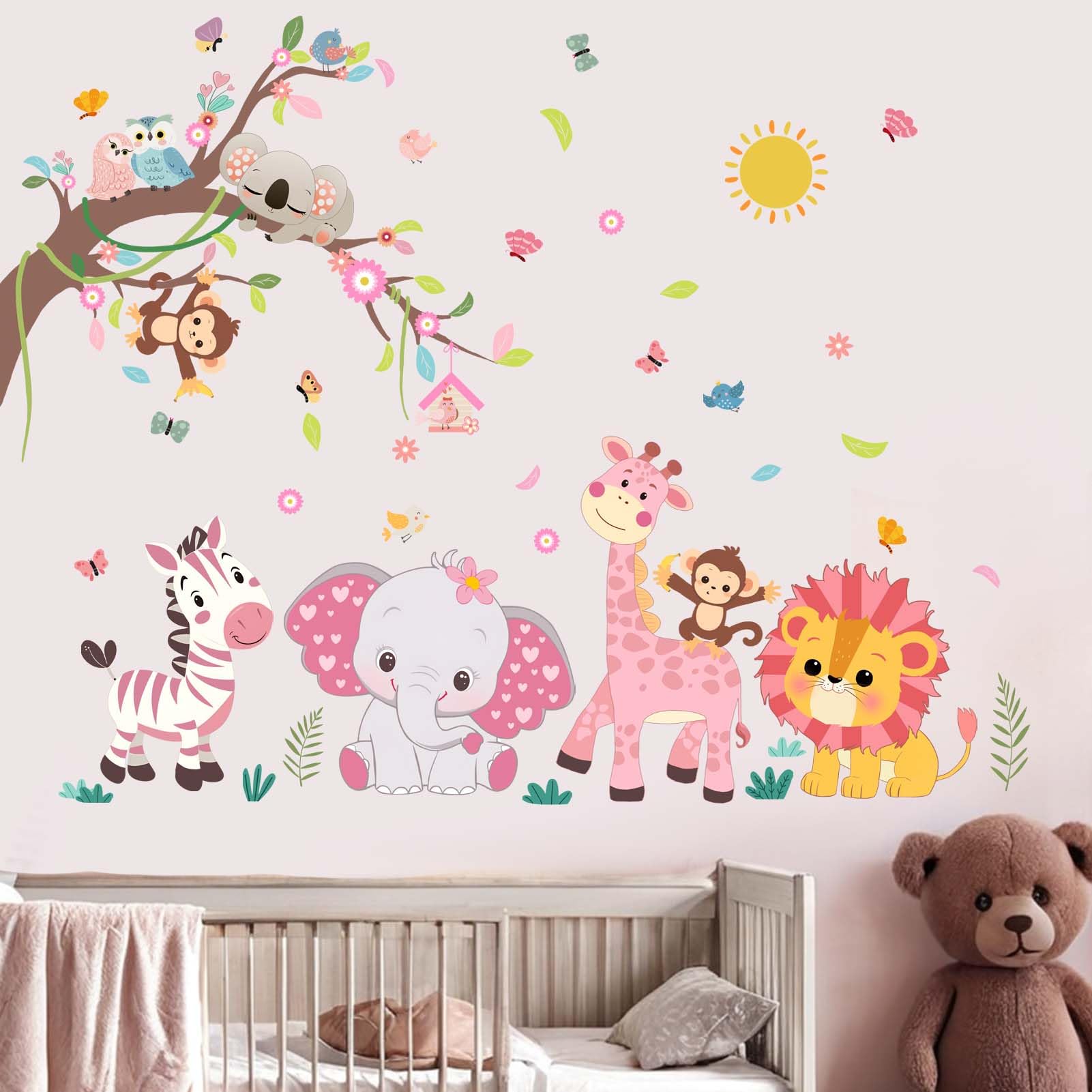 Amimagen Pink Forest Baby Animals Wall Decals - Elephant Lion Giraffe Monkey Zebra Wall Stickers - Nursery Kids Girls Boys Room Daycare Playroom Classroom Wall Decor