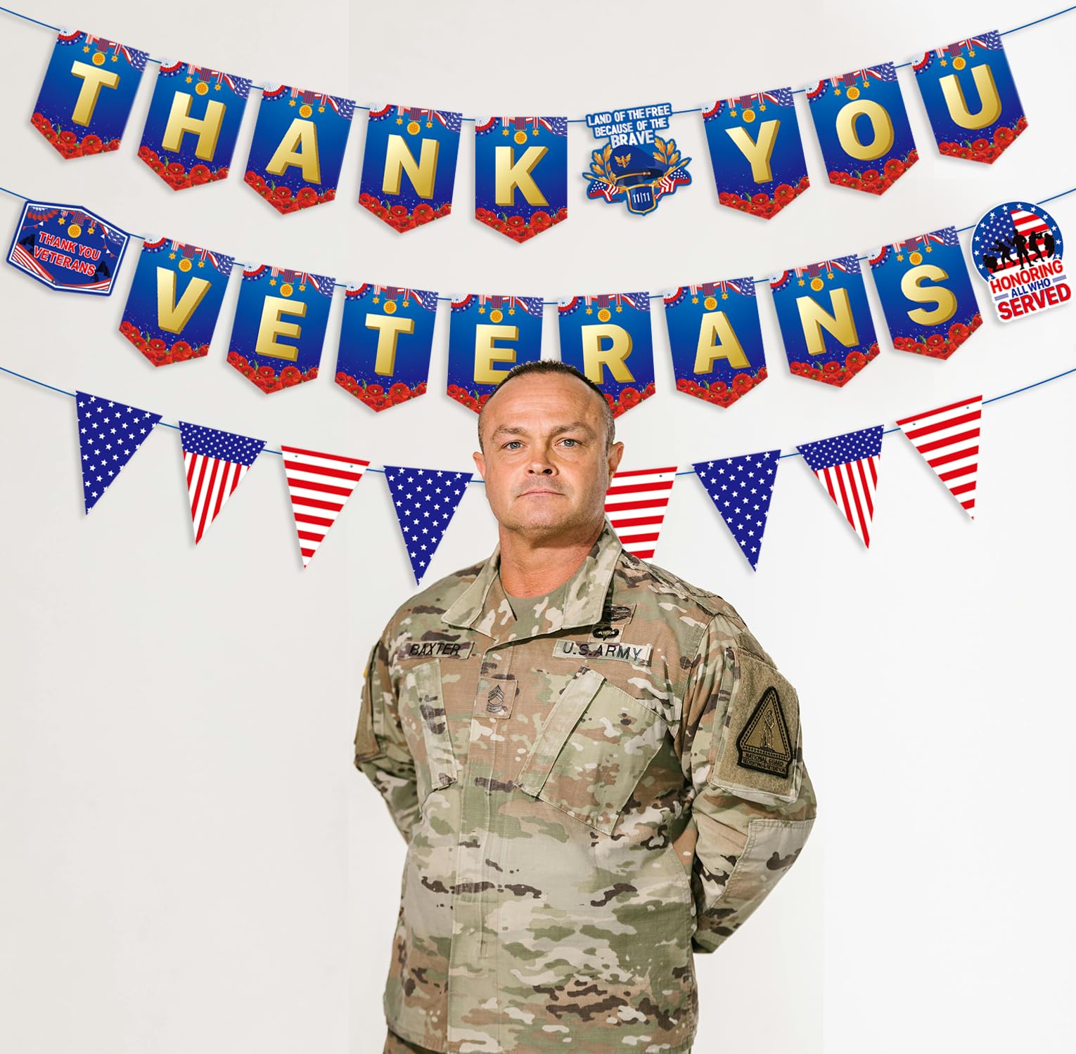 YEIRFYY Thank You Veterans Paper Banner and Pennant Banner Veterans Day Thank You for Your Service Bunting Banner Veterans Day Honoring All Who Served America Patriotic Party Decorations