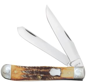 case wr xx pocket knife trapper 6.5bonestag handle with tru sharptm stainless steel blades and scrolled bolsters trapper 4 1/8 inches closed