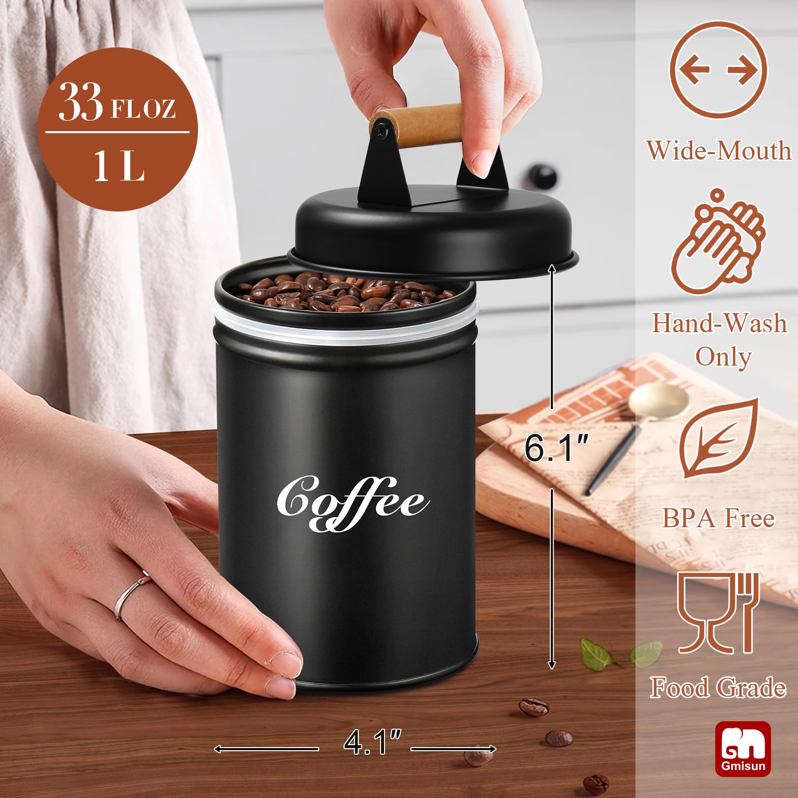 GMISUN Coffee Canister, 33fl oz/1L Black Coffee Grounds Container for Coffee Station, Airtight Coffee Bean Storage as Coffee Bar Organizer, Sealed Coffee Holder for Countertop, Coffee Bar Accessories