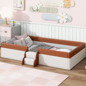 pu upholstered floor bed with fence and stairs, twin floor bed with slats, montessori floor bed for kids, girls, boys, twin size montessori bed (brown+white)