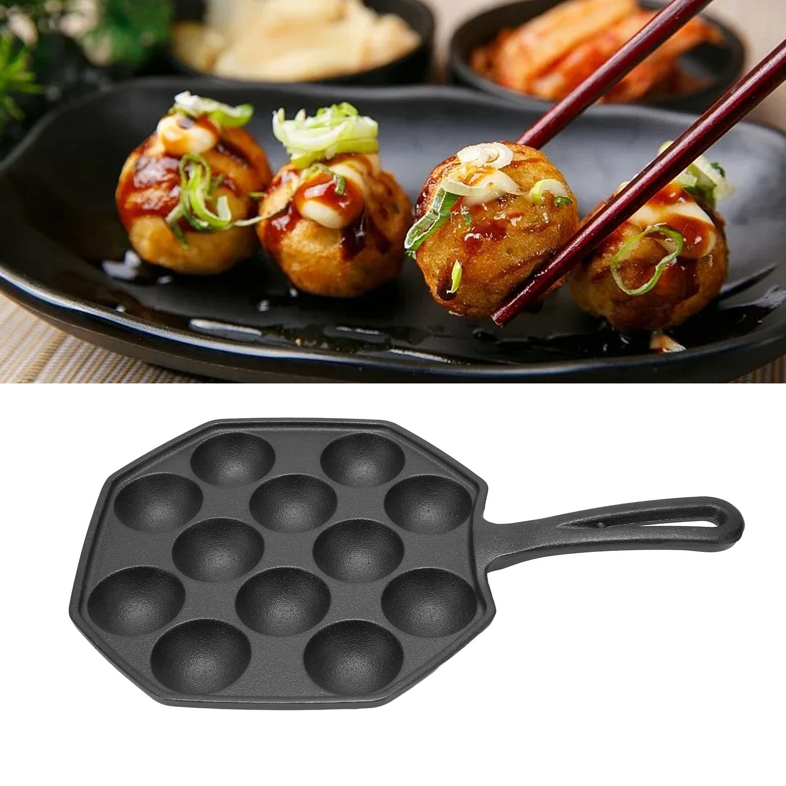 HAOHIZE Takoyaki Pan,Octopus Meatballs Frying Pan 12 Grid Takoyaki Cooking Pan Non Sticking Cast Iron Octopus Meatballs Pan