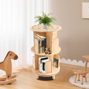 BYGOVICE Pine Wood Rotating Bookshelf Tower with 2 Tiers, Spinning Bookshelf 360 Display Floor Standing, Multi-Functional Bookshelf Organizer for Corridors, Balconies, Living Rooms, Study Rooms