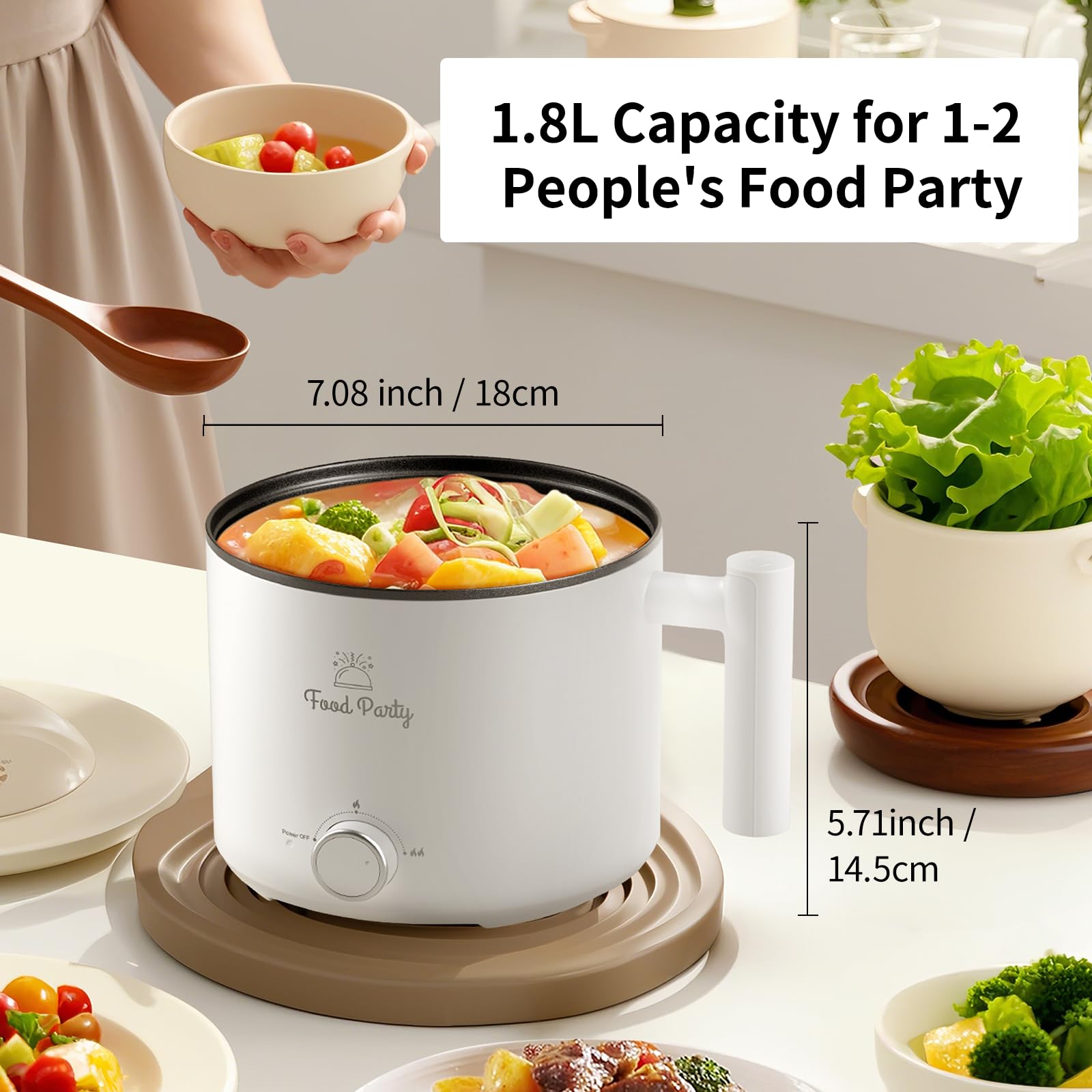 Food Party Hot Pot Electric Pot for Cooking Ramen Cooker 1.8L College Dorm Room Essentials Mini Hotpot Shabu Shabu Pot 110V Noodle Cooker Non Stick