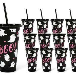 JarThenaAMCS 12Pcs Halloween Plastic Cups with Straw and Lid Cute Ghost Tumbler Boo Plastic Cups for Cold Drinks Halloween Decoration Party Favors