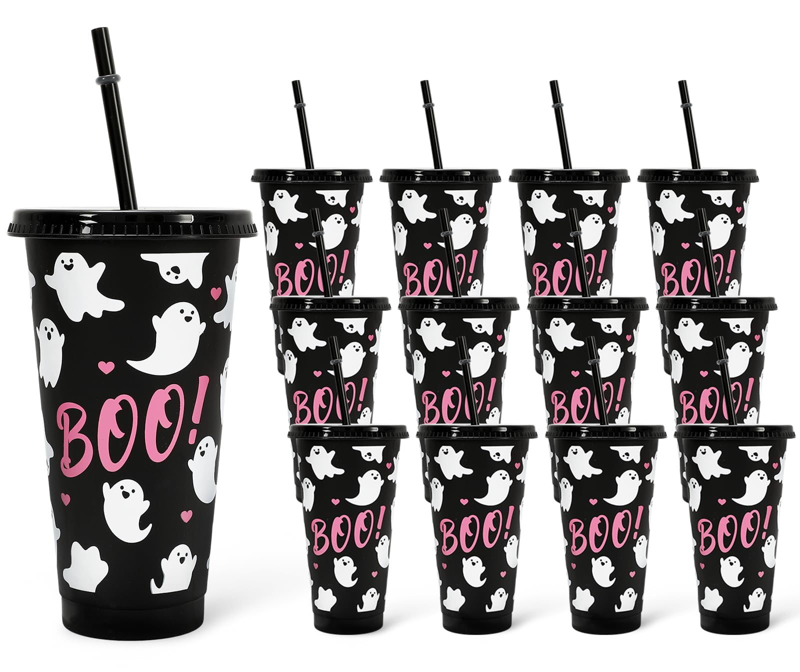 JarThenaAMCS 12Pcs Halloween Plastic Cups with Straw and Lid Cute Ghost Tumbler Boo Plastic Cups for Cold Drinks Halloween Decoration Party Favors