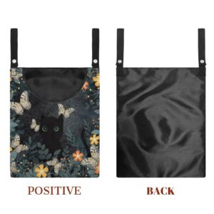 CREAMIC Black Cat Butterfly Handy Laundry Clothespin Bag Holds 100 Medium-Sized Clothes Pins, Waterproof Polyester Material, 2 Ropes for Hanging and Effortlessly Sliding on Clothesline