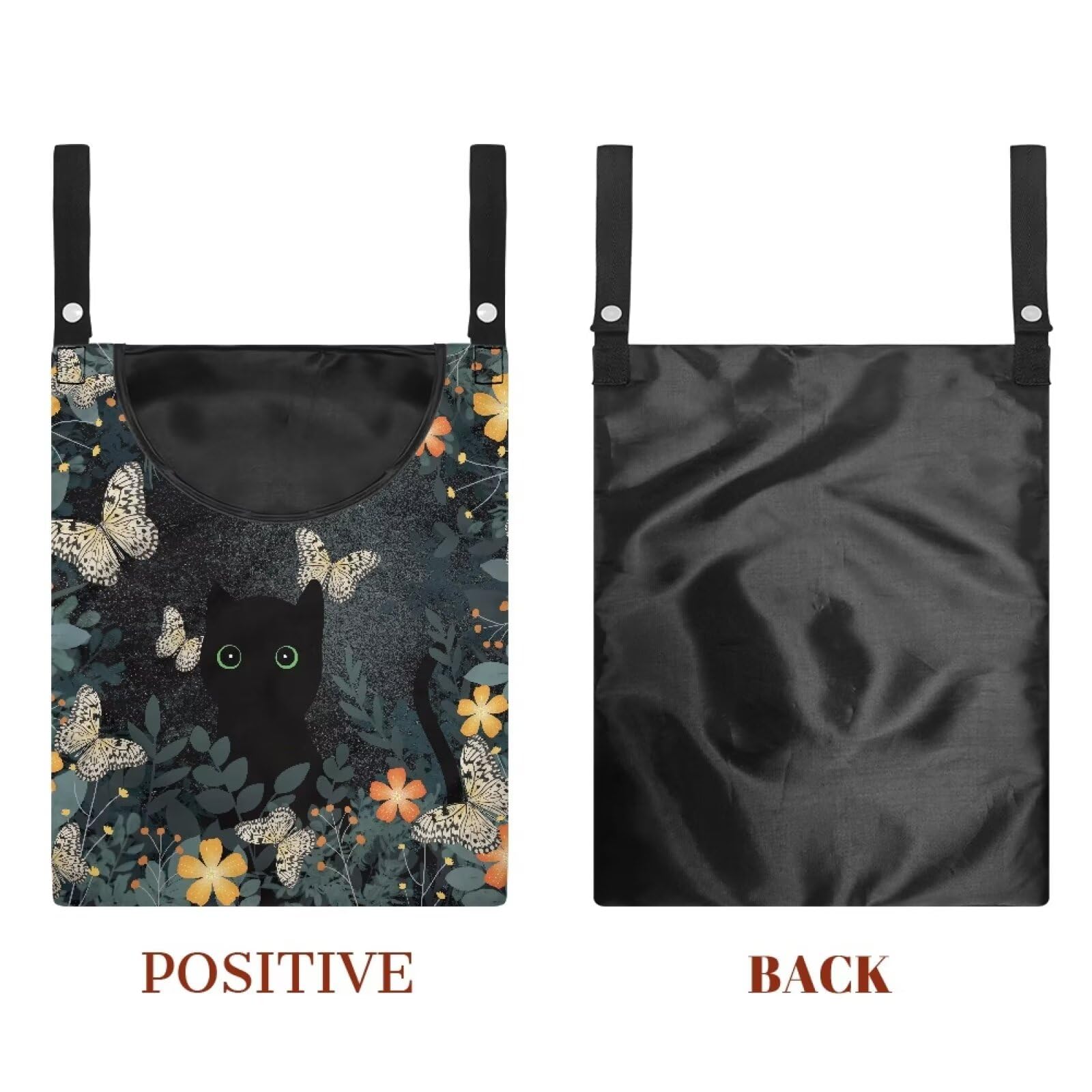 CREAMIC Black Cat Butterfly Handy Laundry Clothespin Bag Holds 100 Medium-Sized Clothes Pins, Waterproof Polyester Material, 2 Ropes for Hanging and Effortlessly Sliding on Clothesline