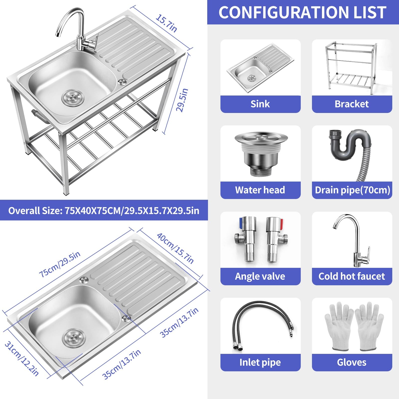 Outdoor Utility Sink,Free Standing Stainless Steel Laundry Tub, Single Bowl Portable Washing Hand Basin Station,with Cleaning Table&Storage Shelves for Garage, Restaurant, Kitchen,Camping, Backyard(Do