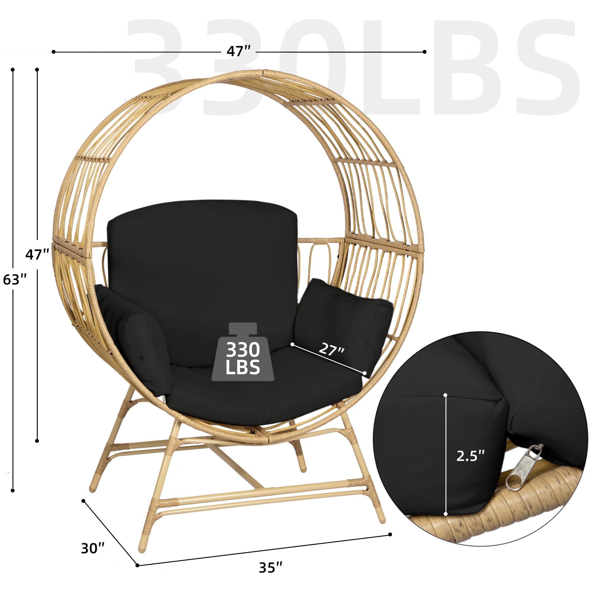 Rattan Wicker Egg Chair, Egg Basket Lounge Chair with 4 Cushions, Oversized Indoor and Outdoor Lounger Chair for Patio & Living Room, Steel Frame, 330lbs Capacity