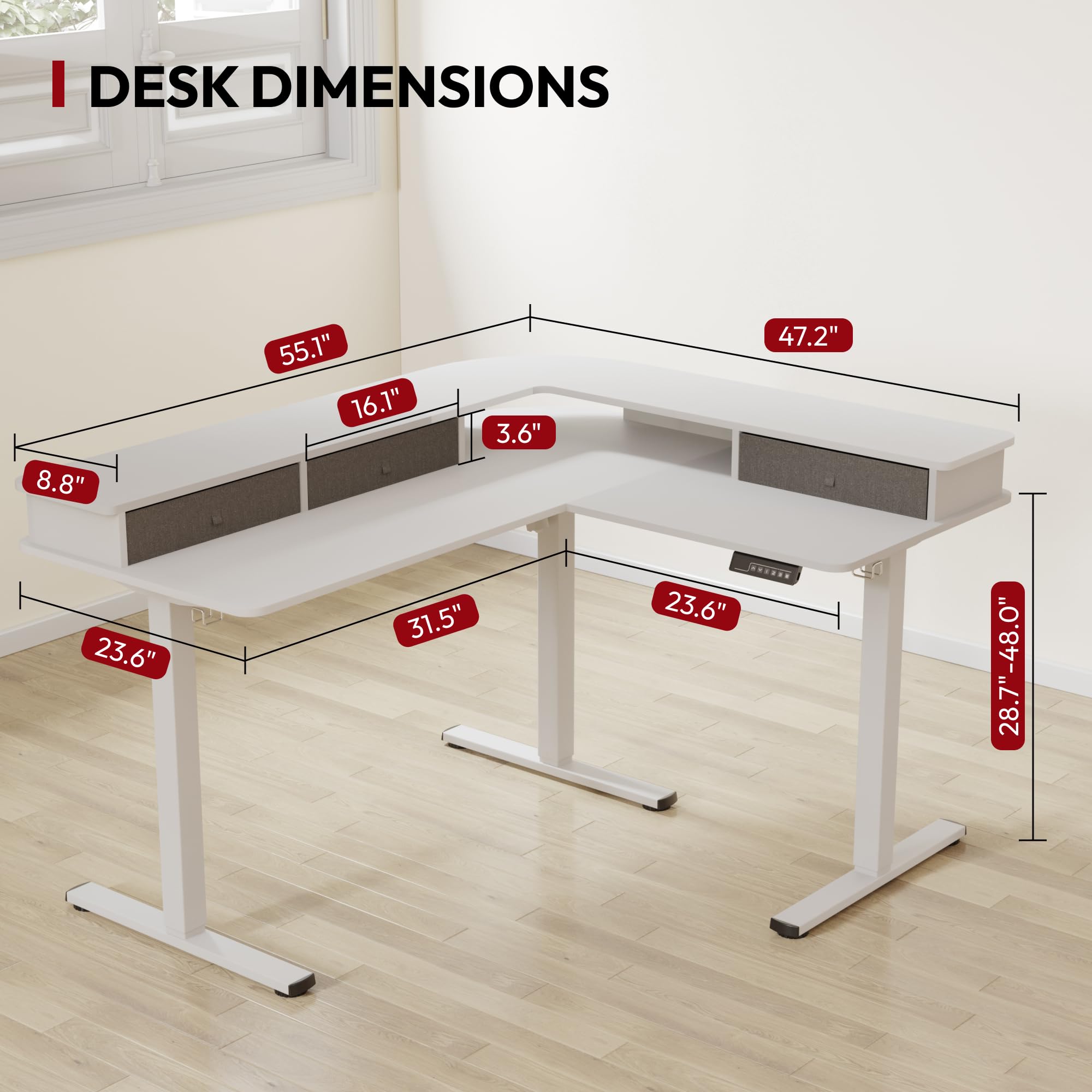 SANODESK 55" L Shaped Standing Desk with 3 Drawers, Height Adjustable Stand up Desk, Corner Gaming Desk with Monitor Stand, White Frame/White Top