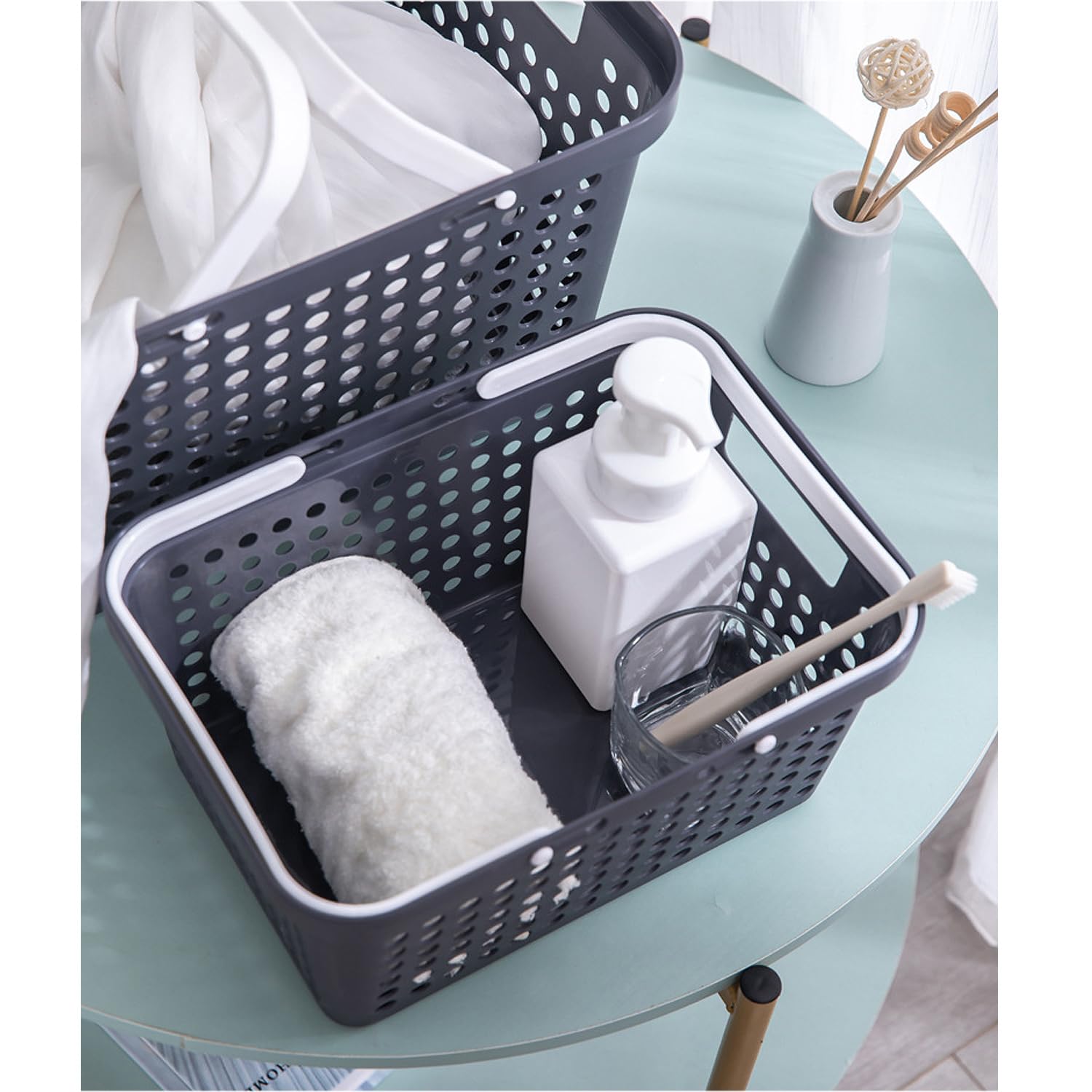 MINDFARGE Plastic Shower Caddy Basket with Handles, Cleaning Supply for Dorm, School, Camping, Travel, Bathroom (light grey 1 pack)