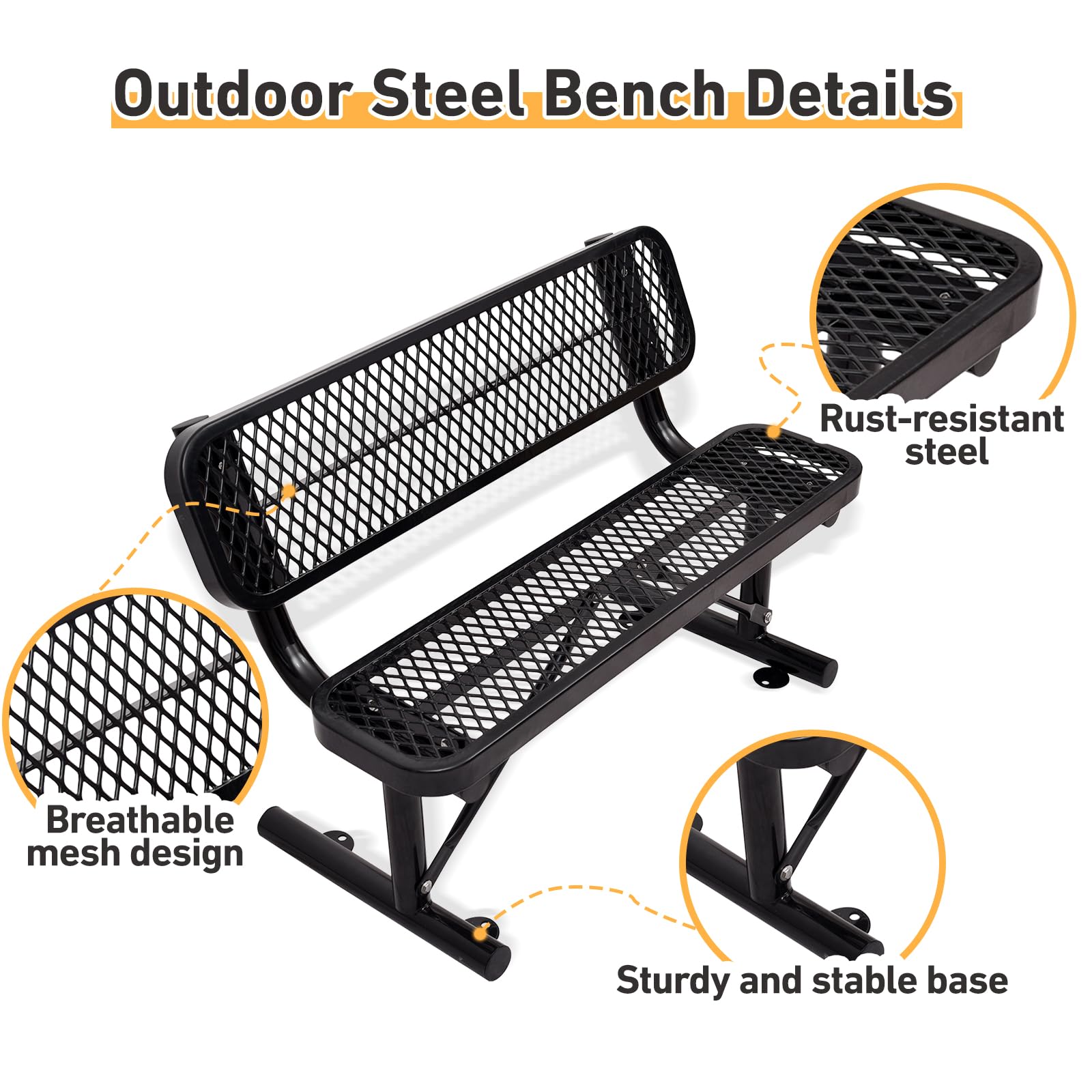 4FT/48'' Outdoor Garden Bench, Cast Iron Metal Frame Patio Park Bench with Backrest, Portable Expanded Metal Black Bench, Commercial-Grade Outdoor Seating for Lawn, Patio, Park, Yard, Garden, Porch